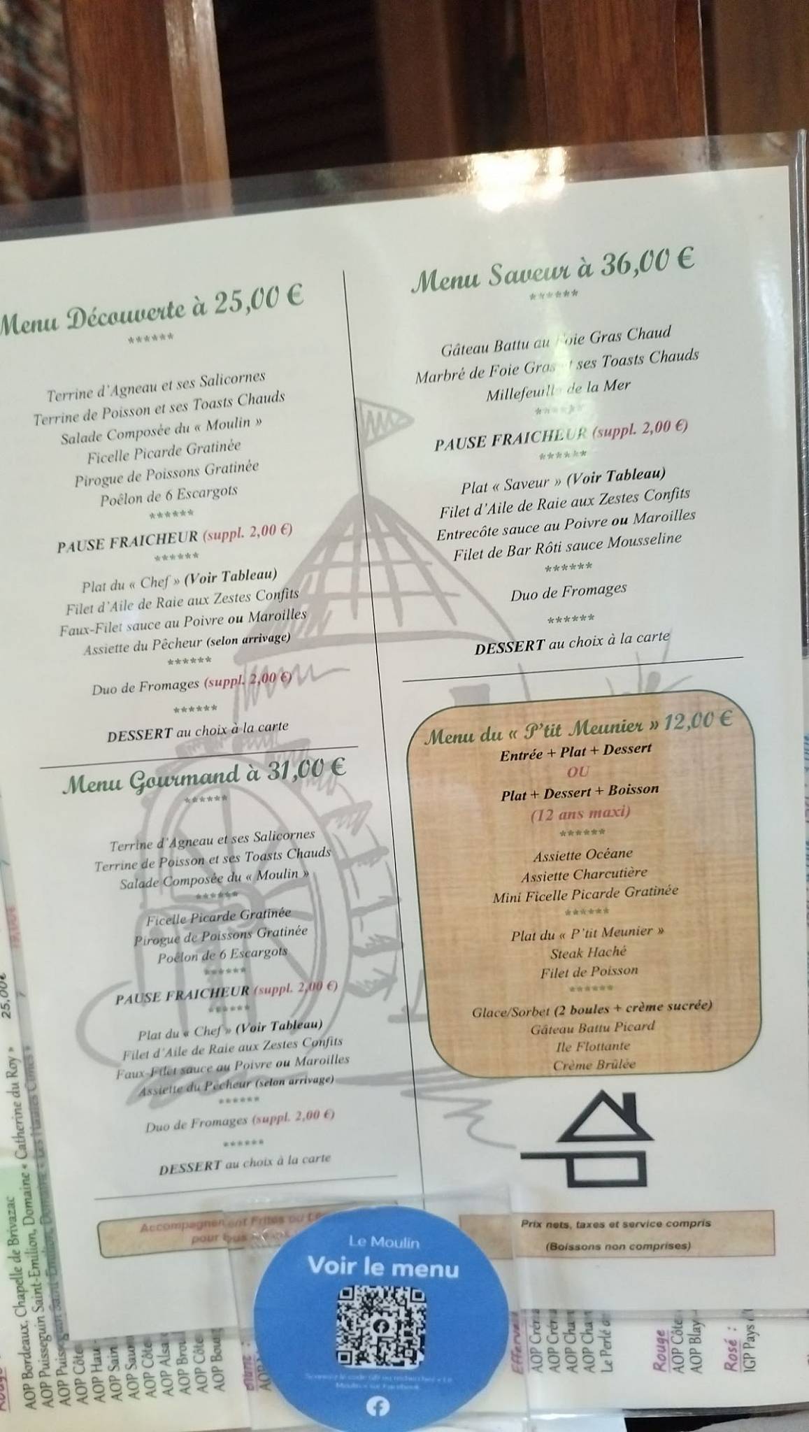 Menu au Restaurant Le Moulin, Boismont