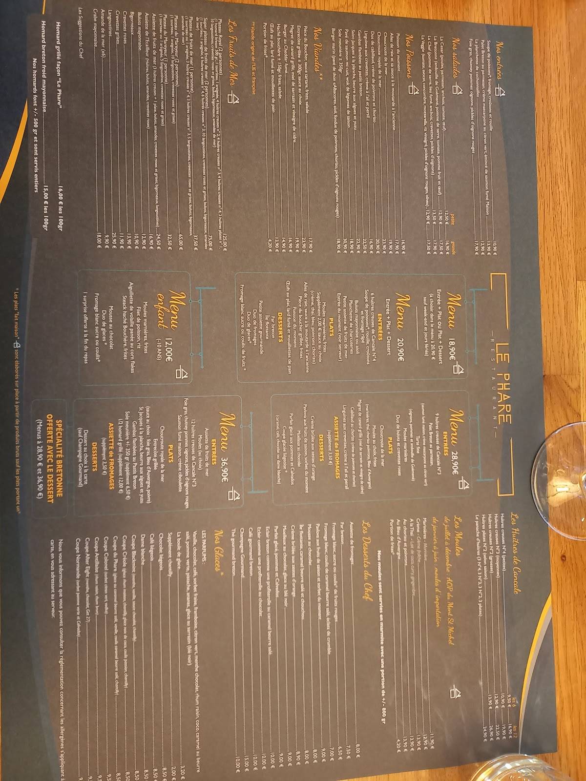 Menu au Le Phare restaurant, Cancale, 6 Quai Administrateur Chef Thomas