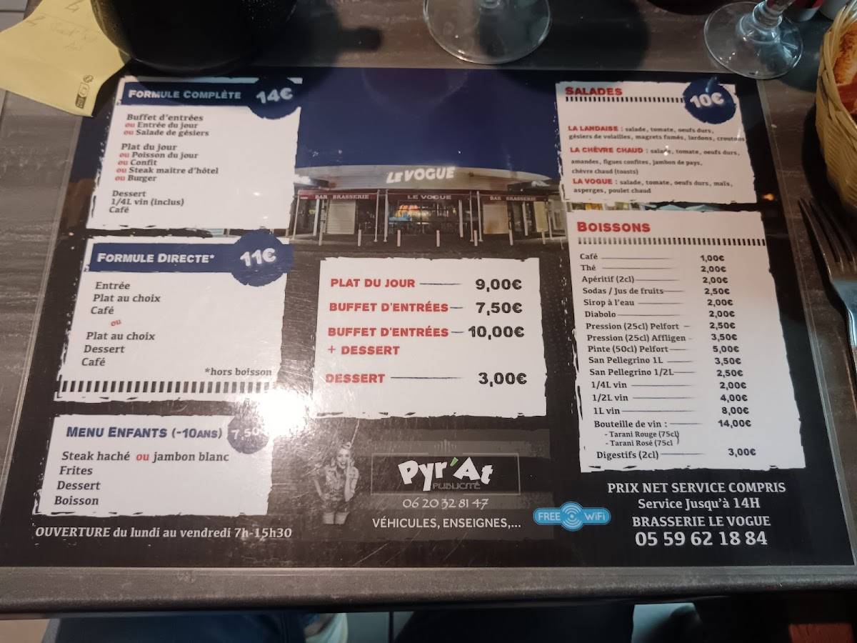 Menu au Le Vogue restaurant, Lons