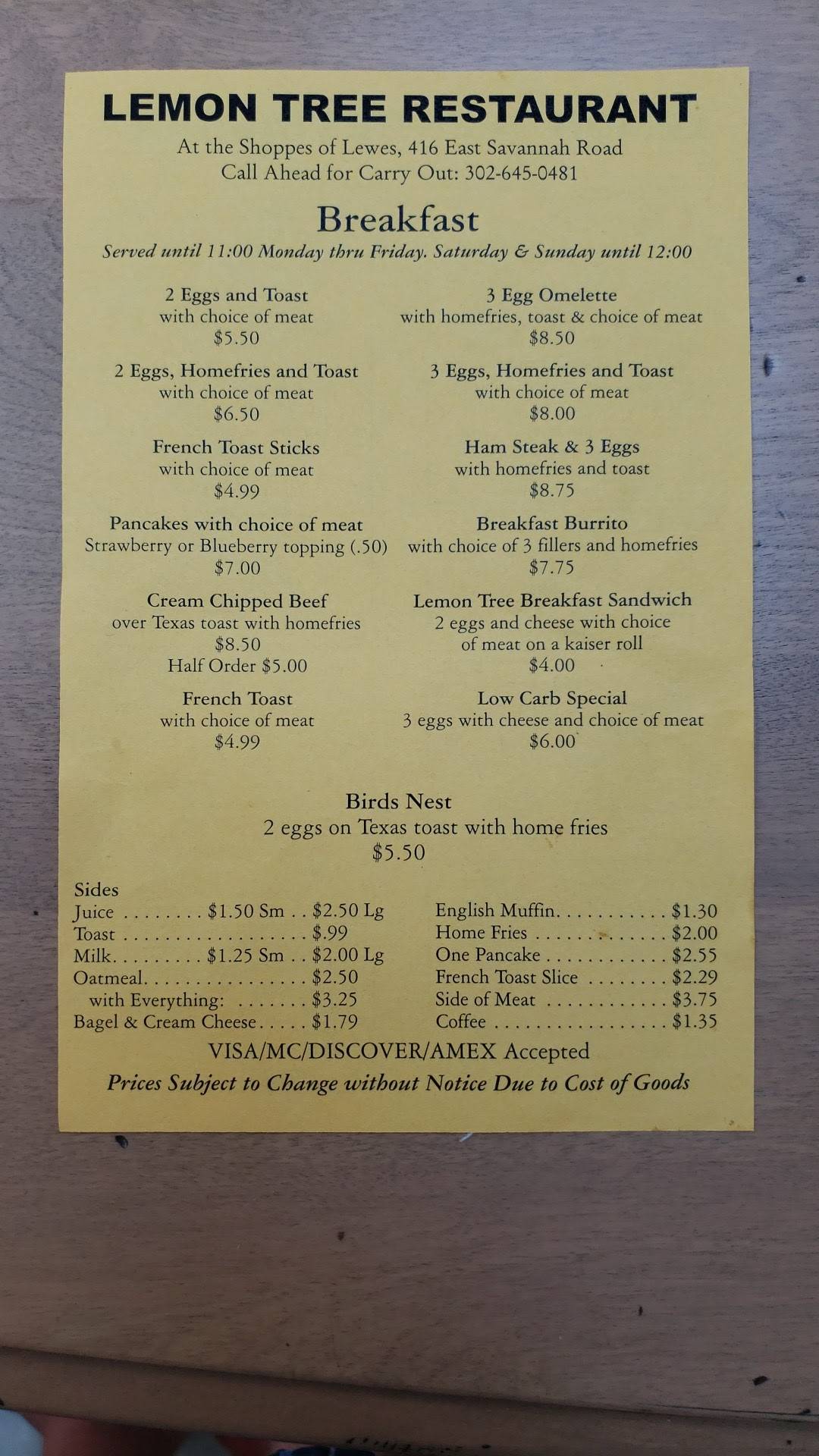 Menu at Lemon Tree Restaurant, Lewes, 416 E Savannah Rd