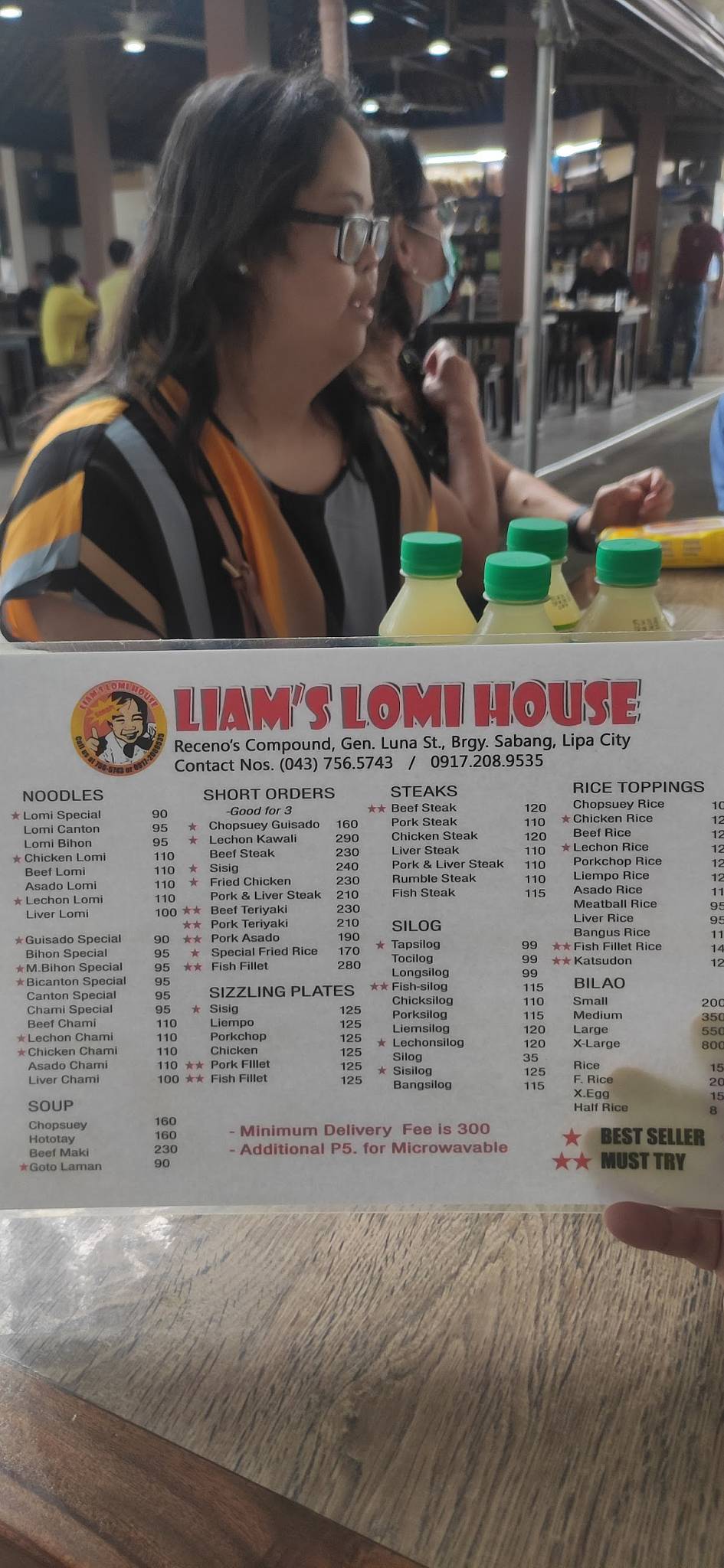 Menu at Liam's Lomi House restaurant, Lipa