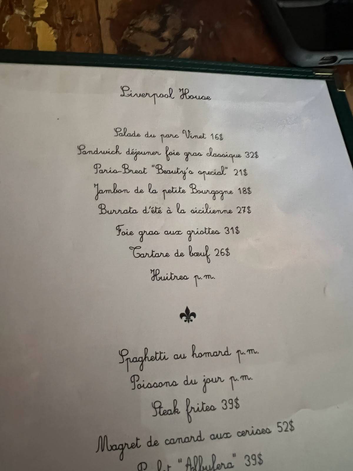 Menu at Liverpool House restaurant, Montréal
