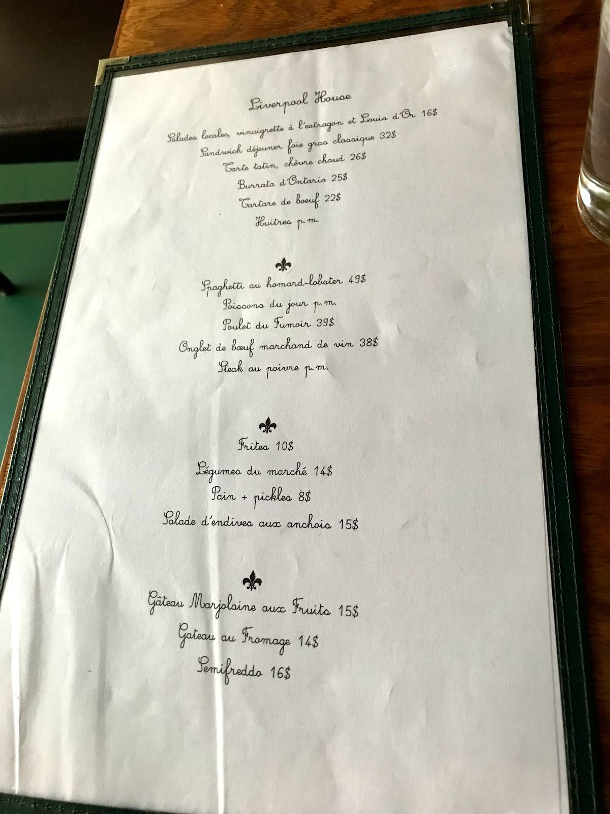 Menu au Liverpool House restaurant, Montréal