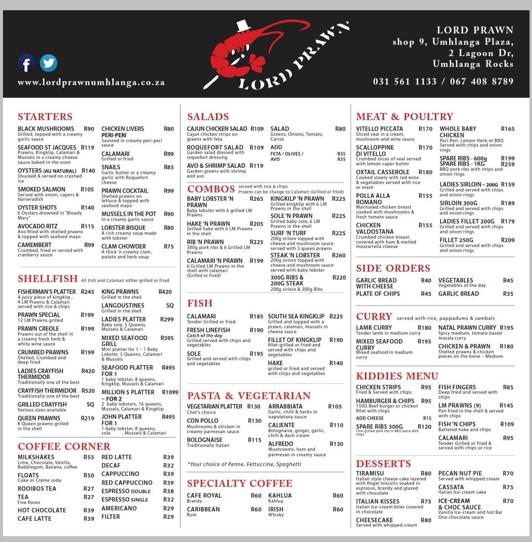 Menu at Lord Prawn Fish & Grill restaurant, Durban