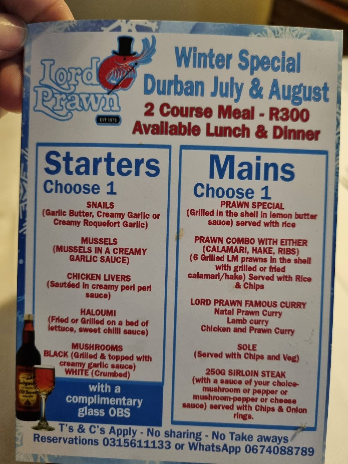 Menu at Lord Prawn Fish & Grill restaurant, Durban