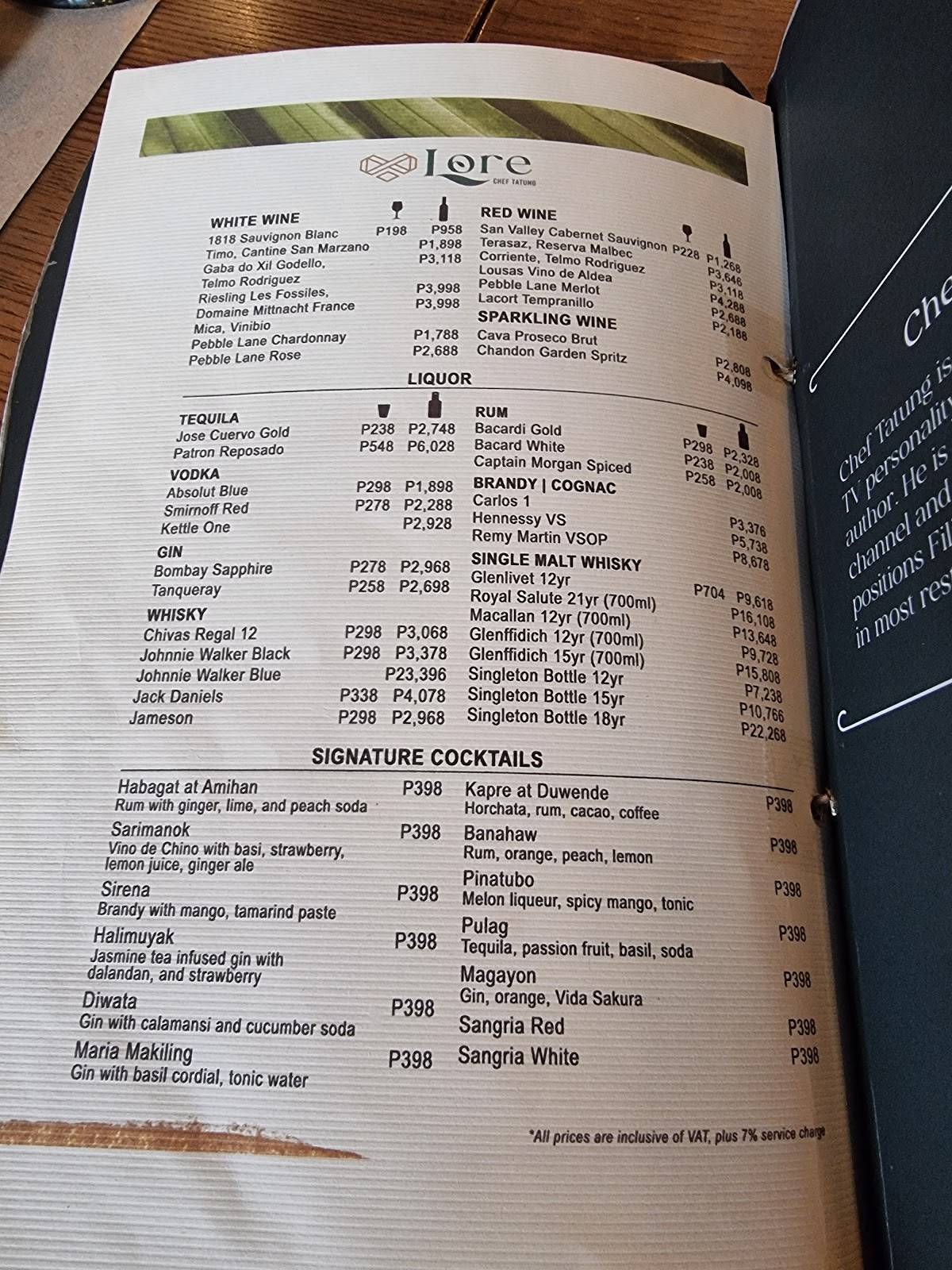Menu at Lore by Chef Tatung restaurant, Taguig