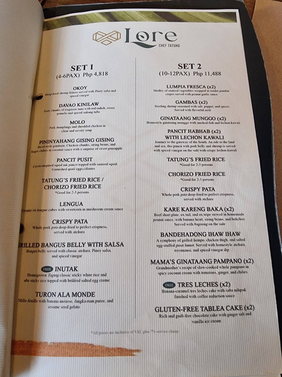 Menu at Lore by Chef Tatung restaurant, Taguig
