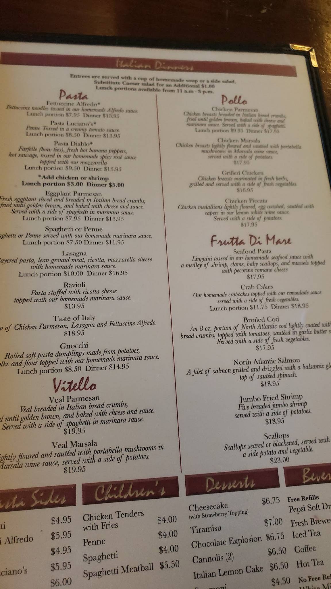 Menu at Luciano's Italian Brick Oven restaurant, Mars