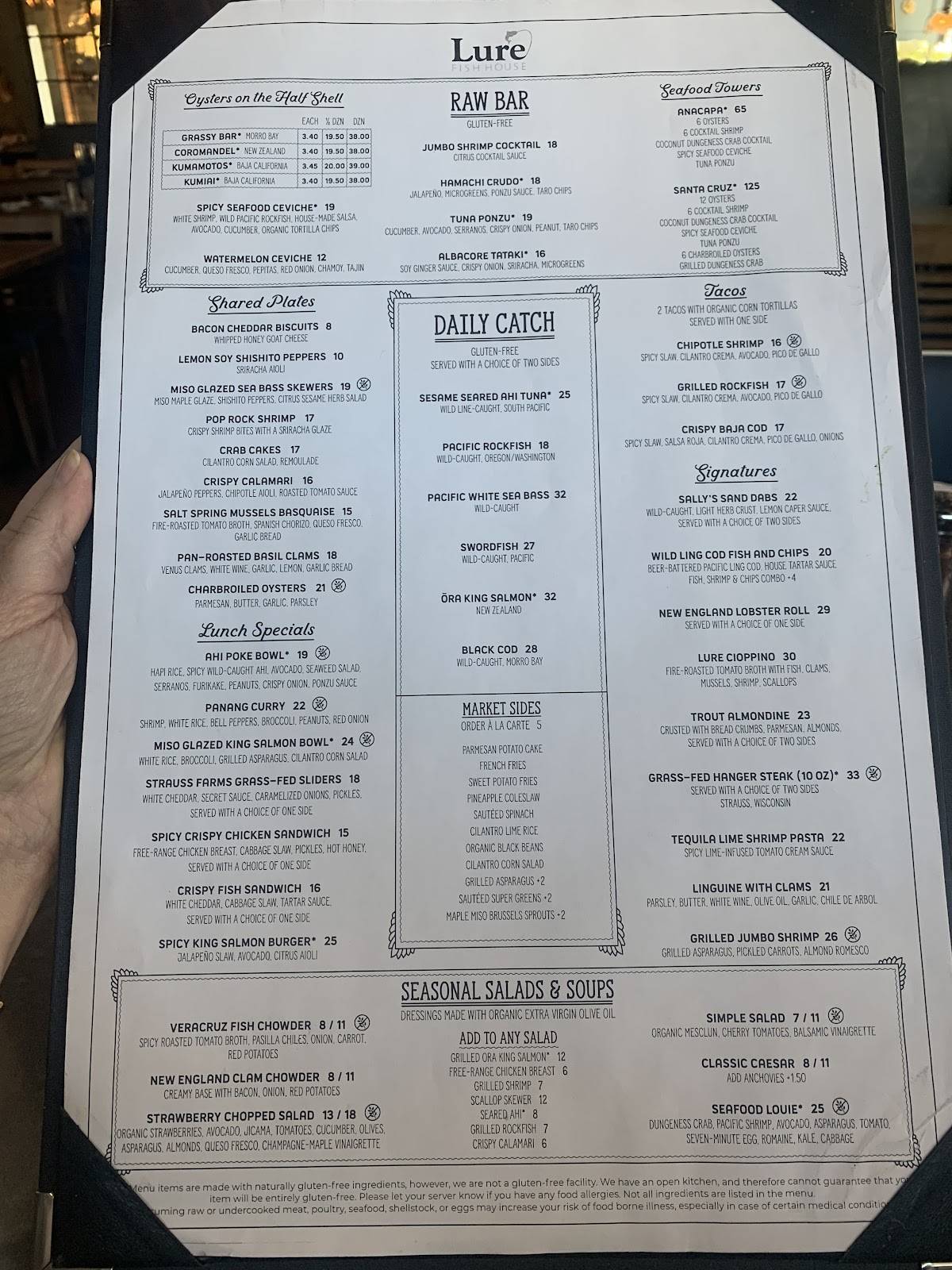 Menu at Lure Fish House restaurant, San Luis Obispo