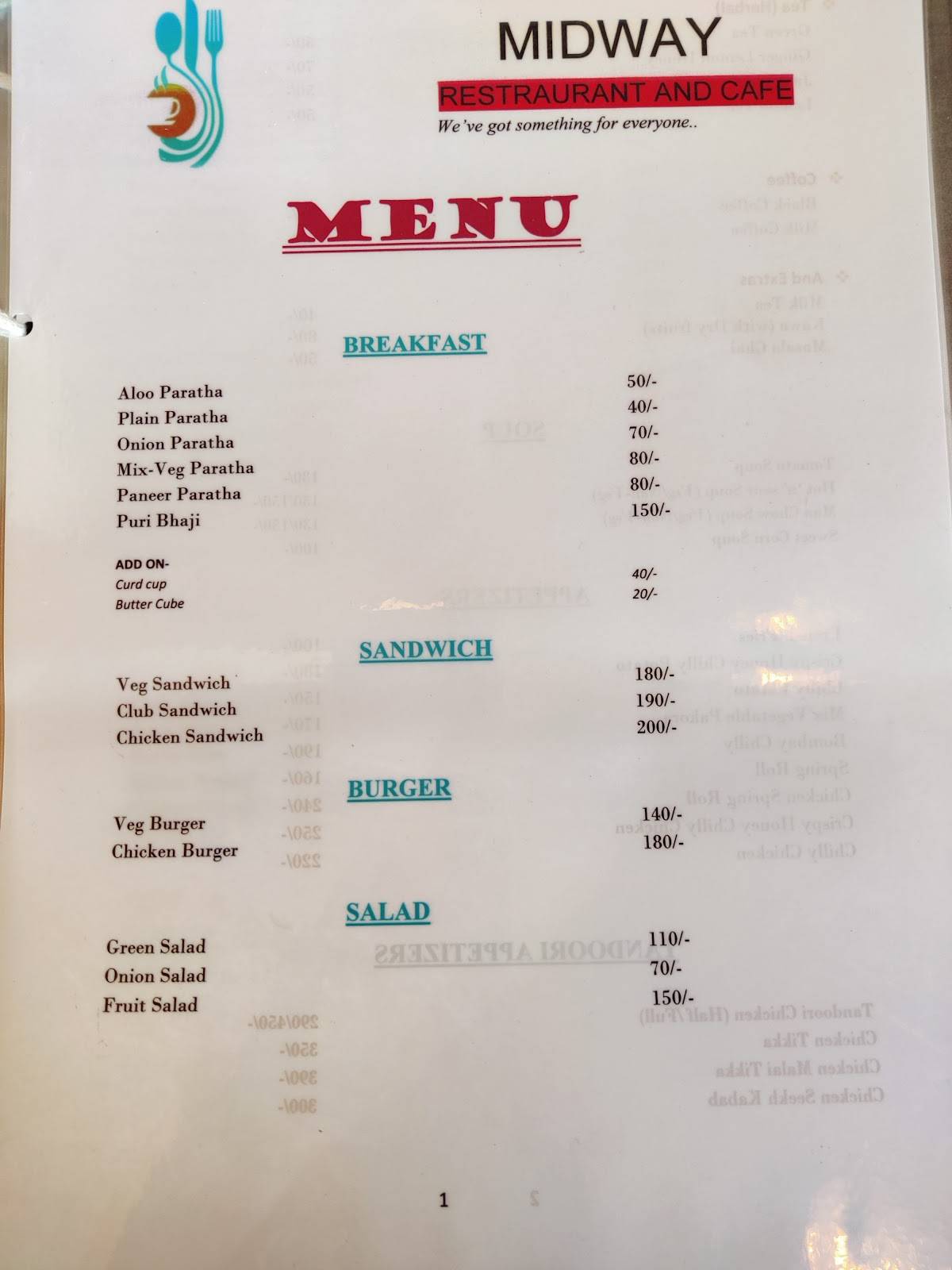 Menu at MIDWAY RESTAURANT and Cafe, India