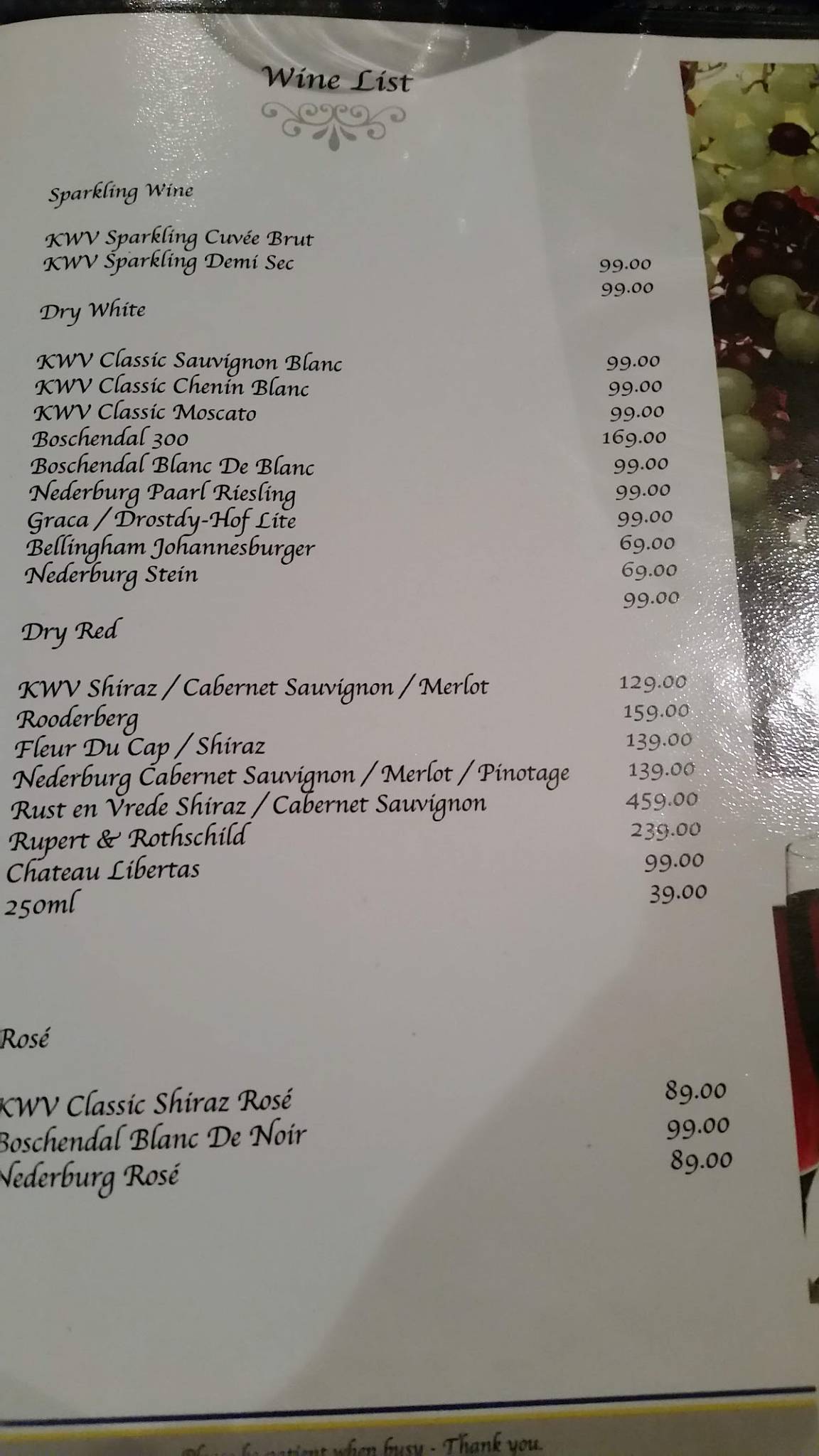 Menu at Madeira Bar, Johannesburg, 1b Short St