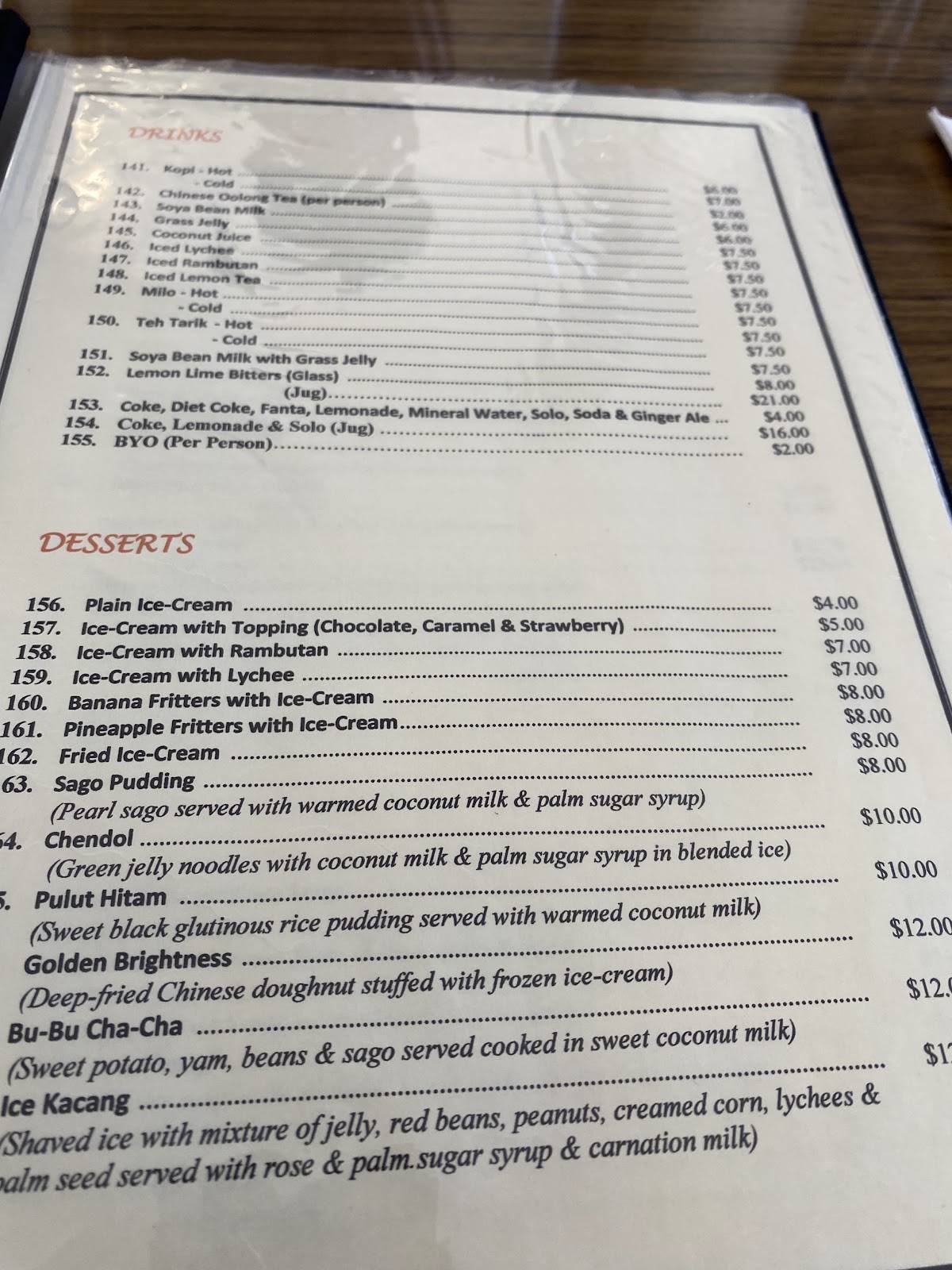 Menu at Malaysia Garden Restaurant, Clayton