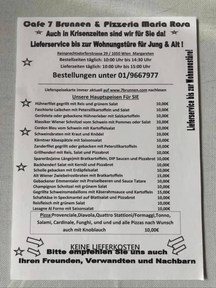 Speisekarte von Pizzeria Maria Rosa, Wien, Siebenbrunnenpl. 2
