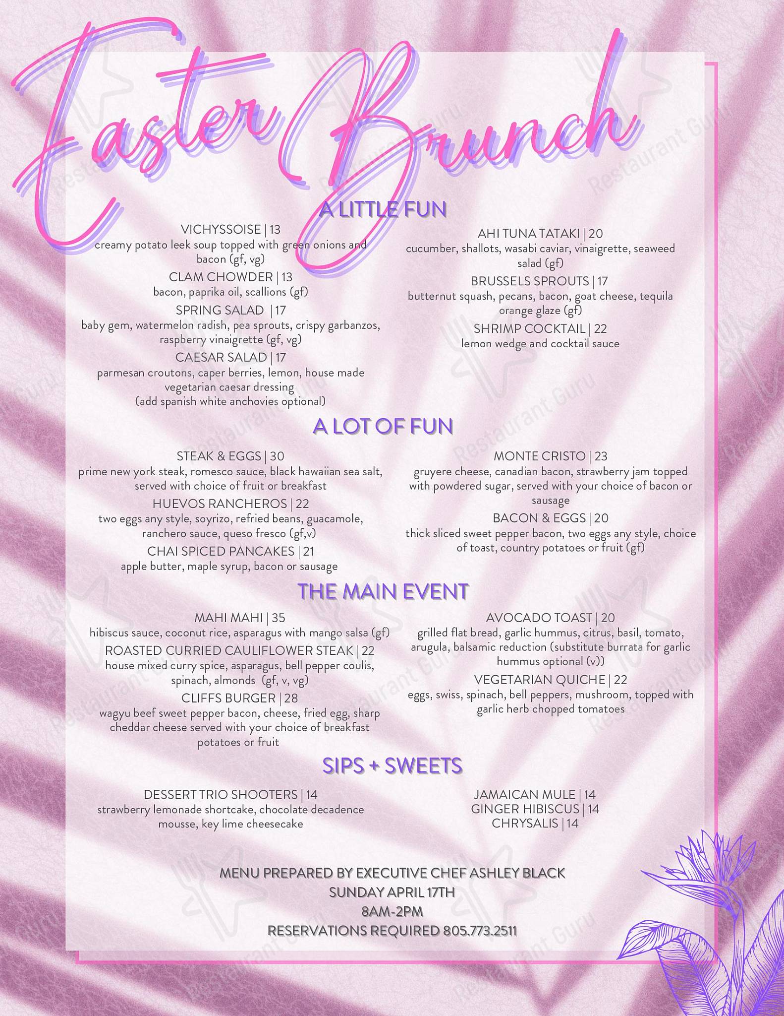 Menu at Marisol at The Cliffs restaurant, Pismo Beach