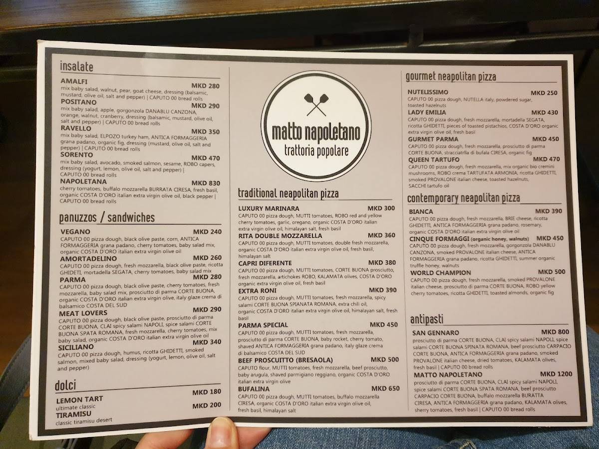 Menu at Matto Napoletano restaurant, Skopje