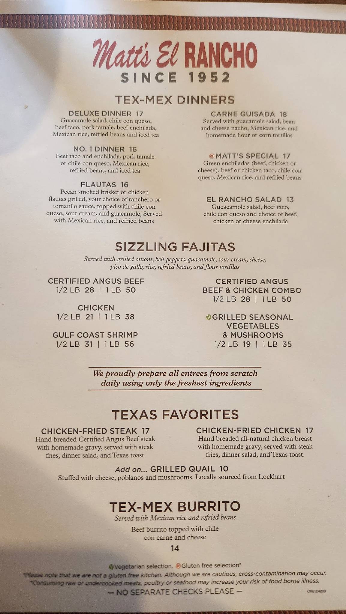 Menu at Matt's El Rancho restaurant, Austin, S Lamar Blvd