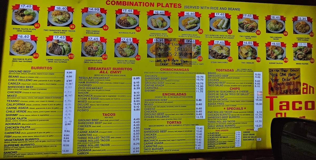 Menu at Mexican Taco Shop restaurant, Junction City