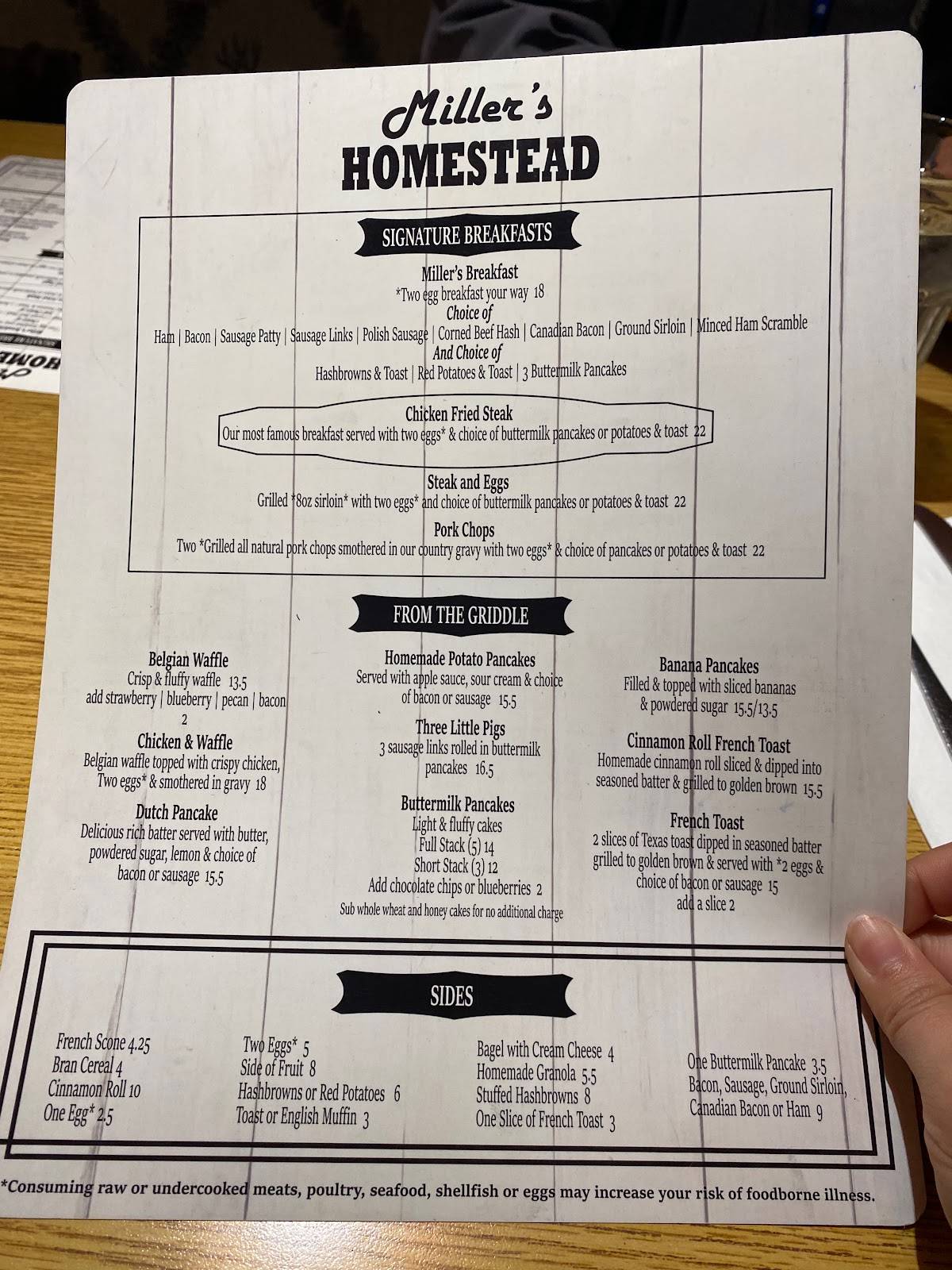 Menu at Miller's Homestead restaurant, Tigard