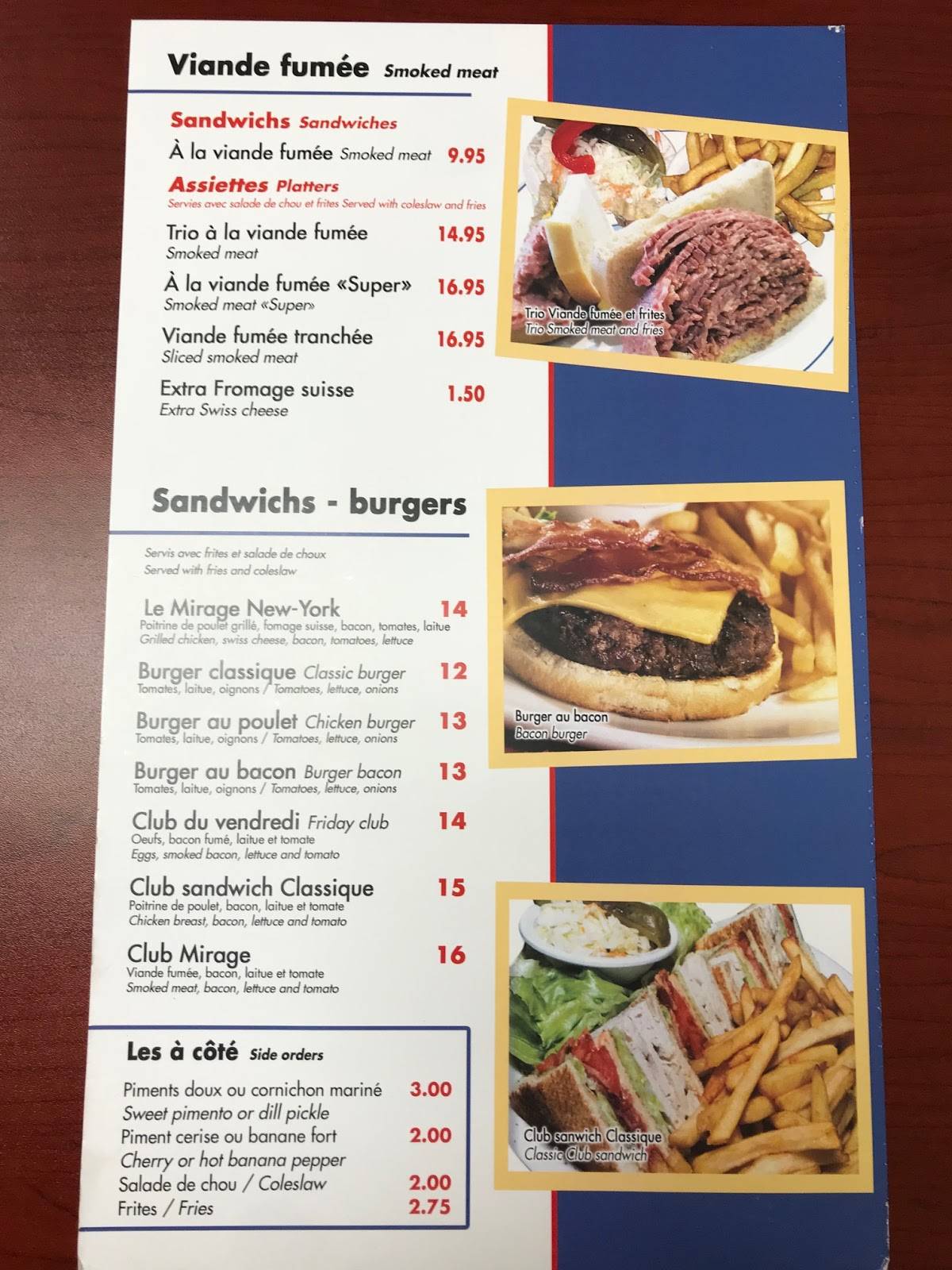 Menu au Mirage New York - Breakfast - Lunch - Dinner restaurant, Laval