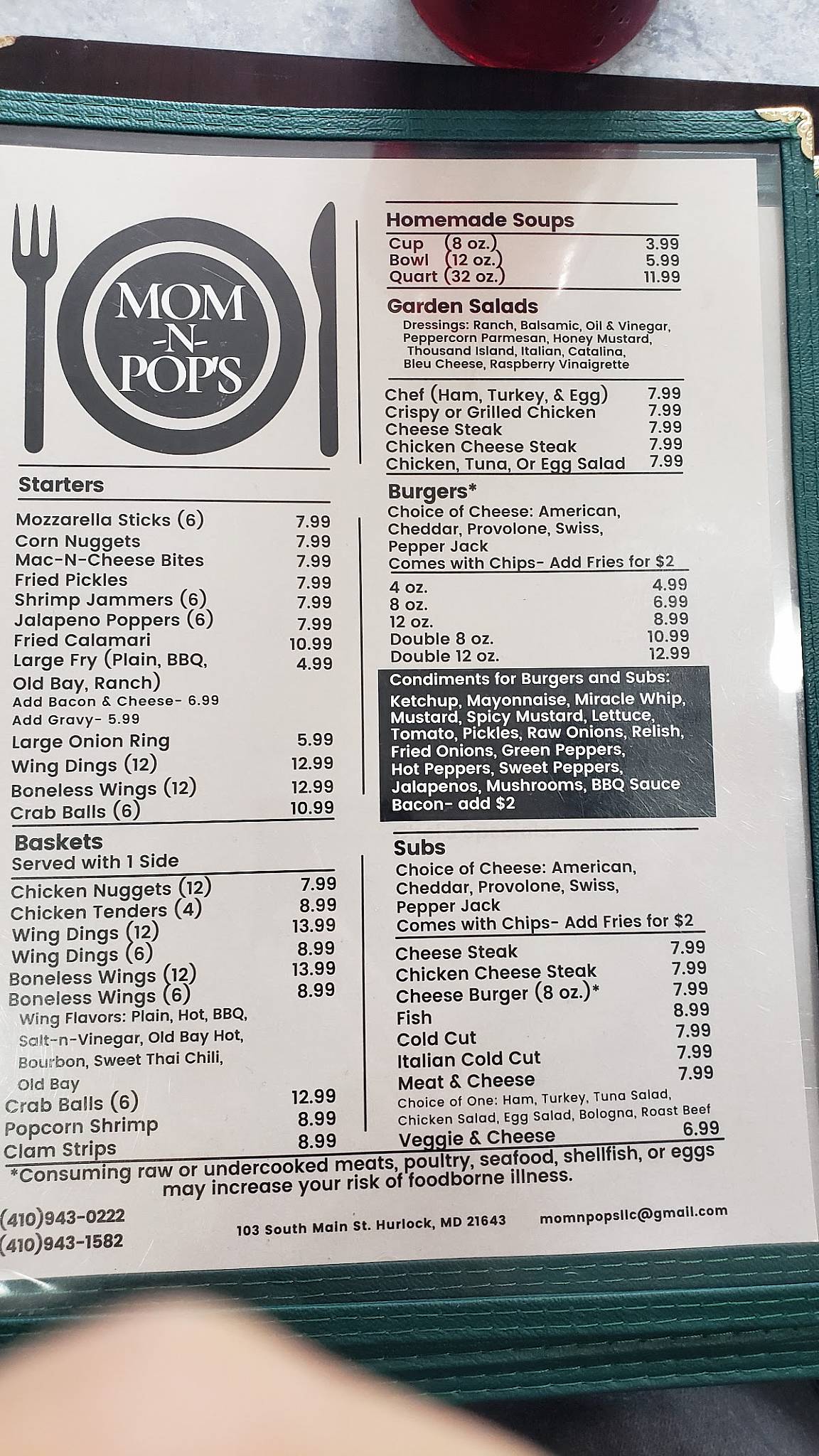 Menu at Mom -n- Pop's restaurant, Hurlock