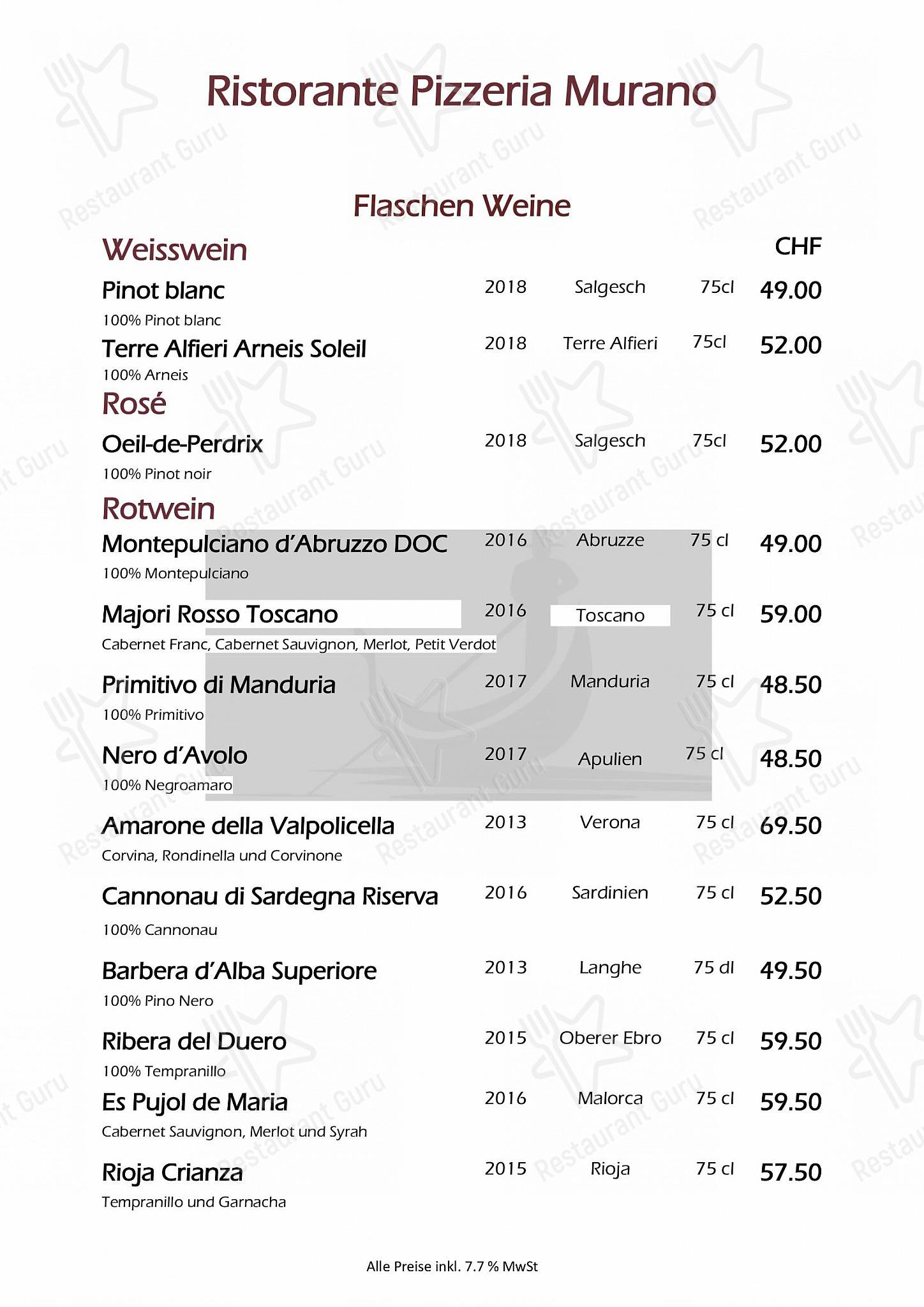 Speisekarte von Restaurant Murano, Basel