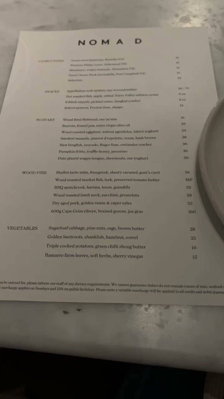 Menu at NOMAD Melbourne restaurant, Melbourne