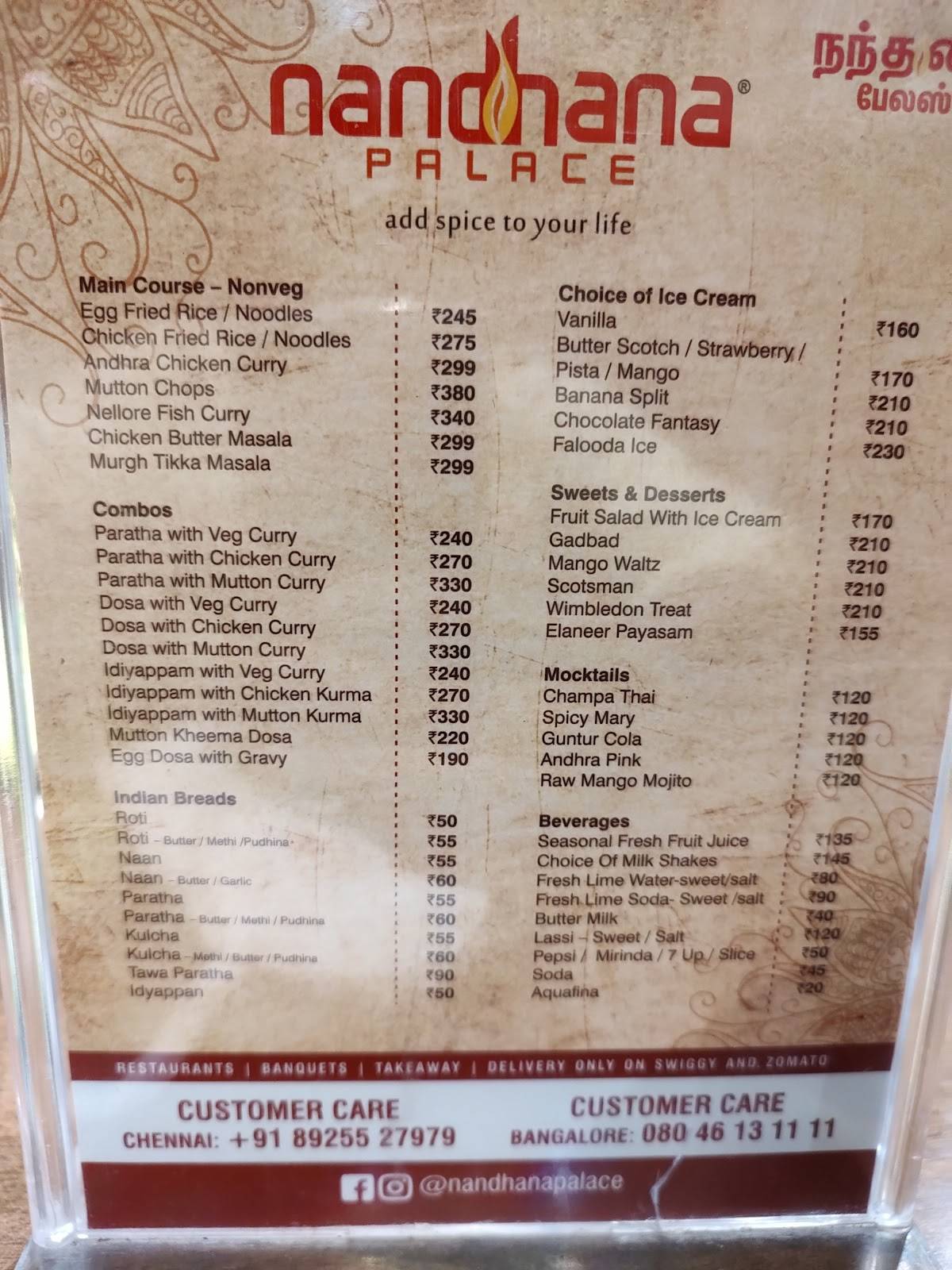 Menu at Nandhana Palace - Andhra Style Restaurant - OMR, Chennai