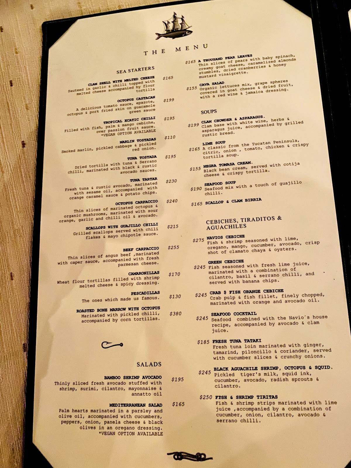 Menu at Navíos restaurant, Cancún