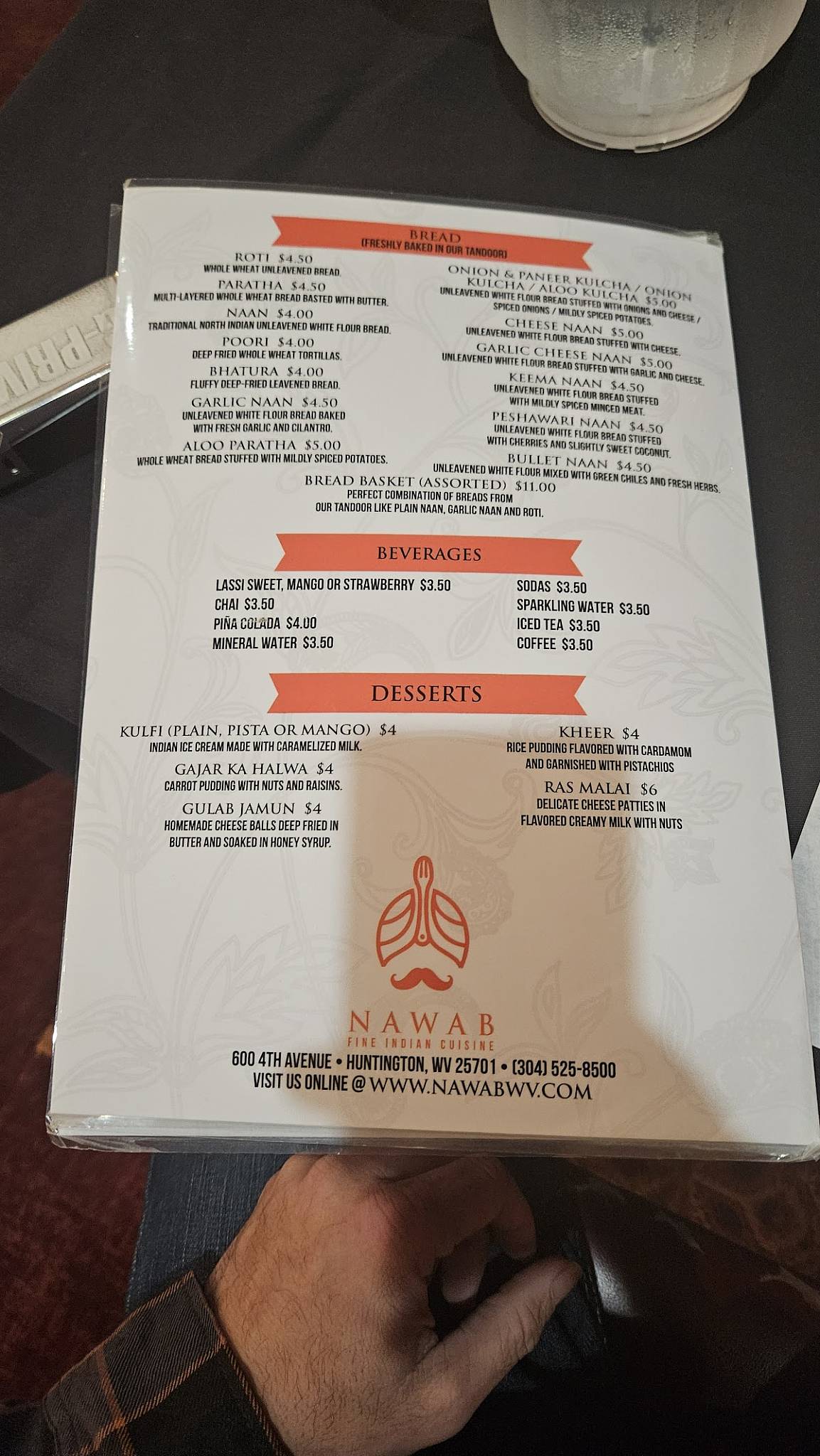Menu at Nawab Fine Indian cuisine restaurant, Huntington