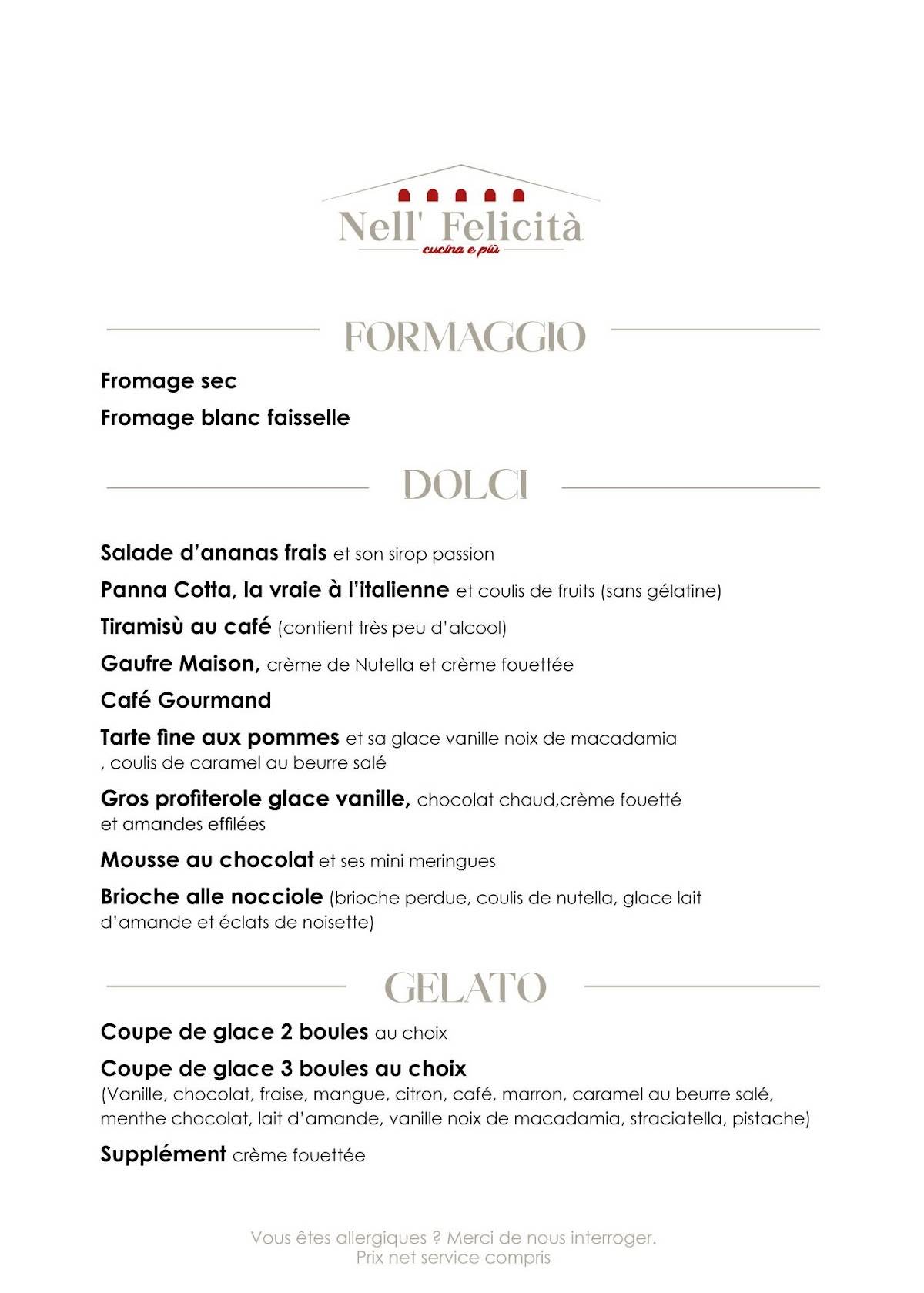 Menu au Nell'Felicità restaurant, Brignais
