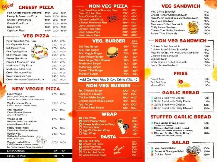 Menu at New Pizza Planet, Banga