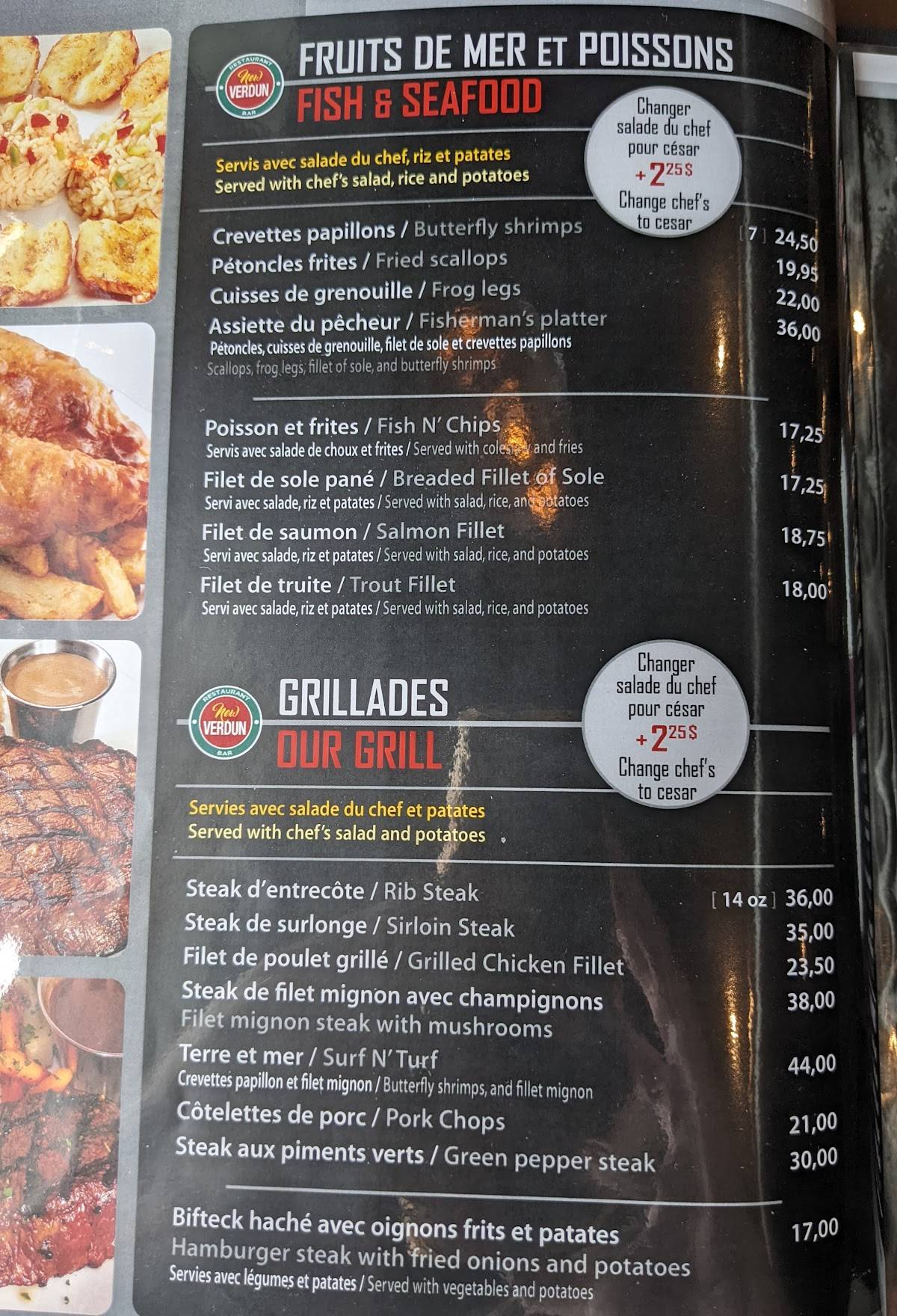 Menu au Nouveau Verdun restaurant, Montréal