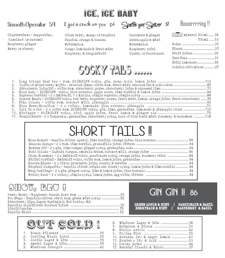 Menu at Next Chapter Restaurant, Durban