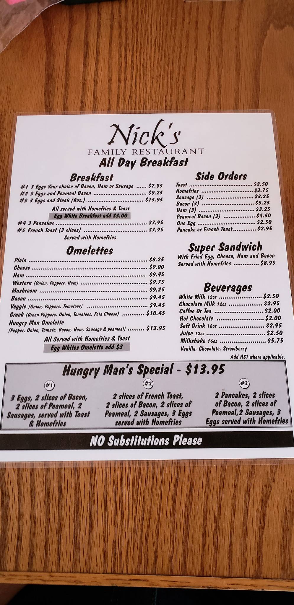 Menu at Nicks restaurant, Bracebridge