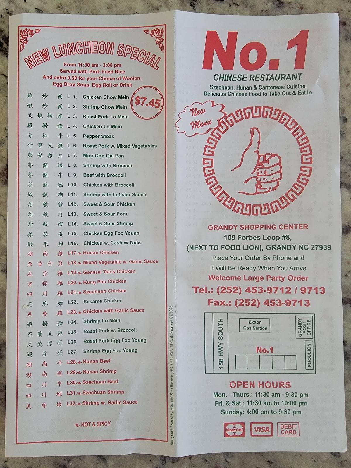 Menu at No 1 Chinese Restaurant, Grandy