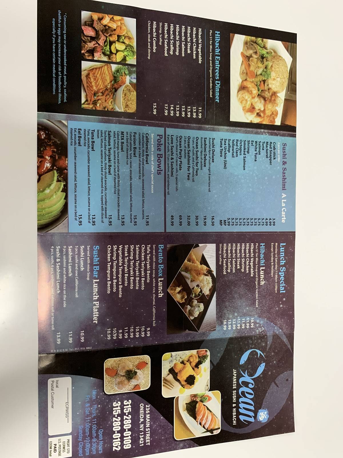 Menu at Ocean Sushi restaurant, Oneida
