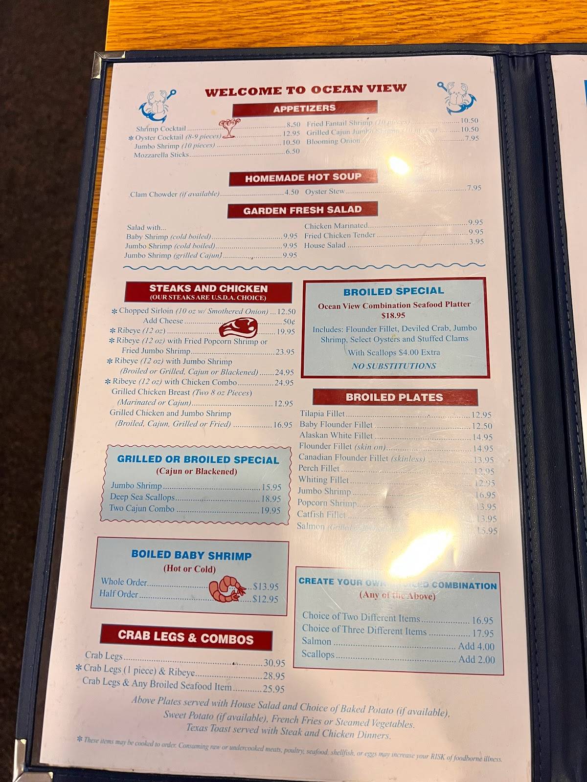 Menu at Ocean View Seafood restaurant, Lexington