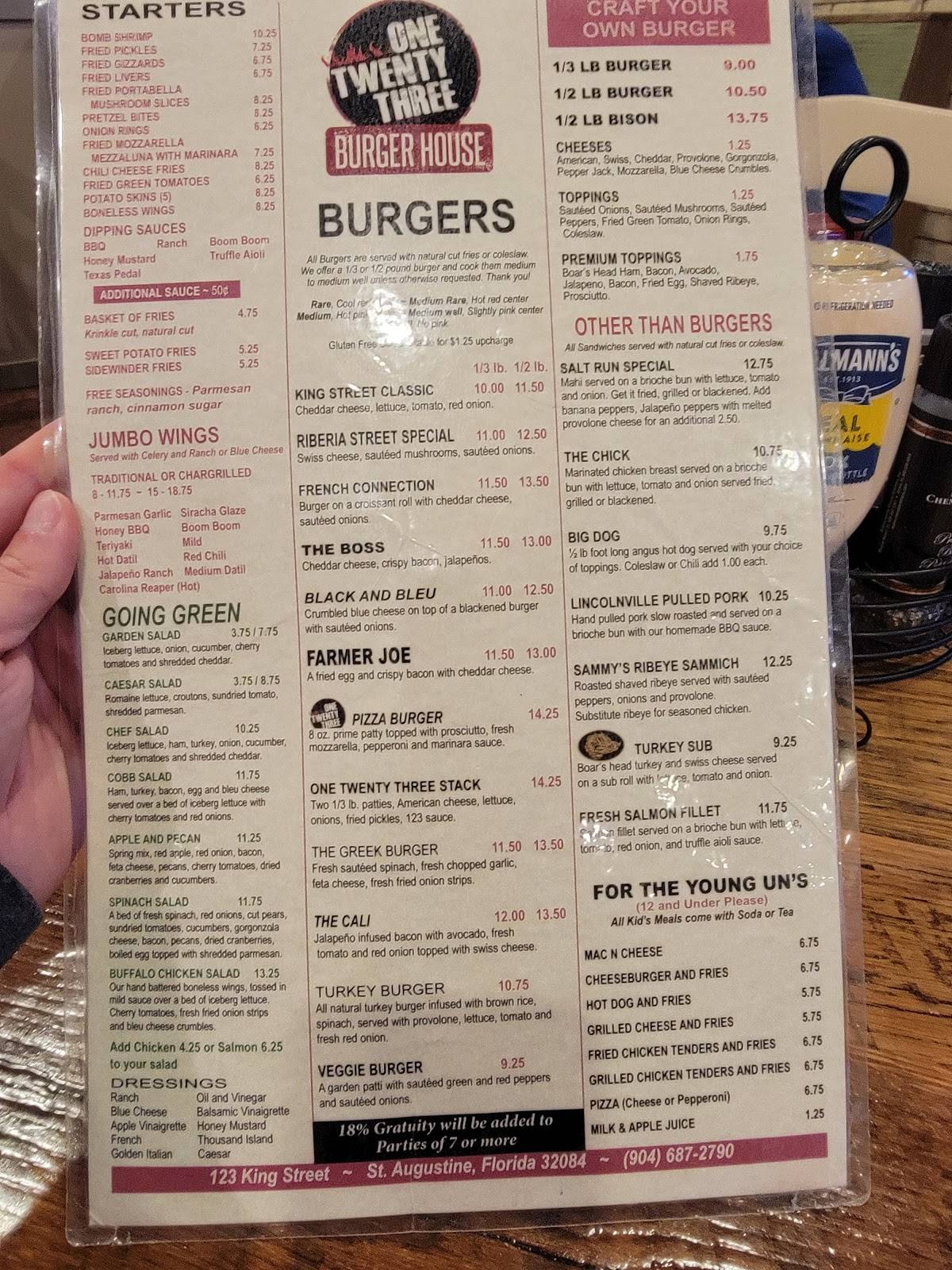 Menu at One Twenty Three Burger House restaurant, St. Augustine