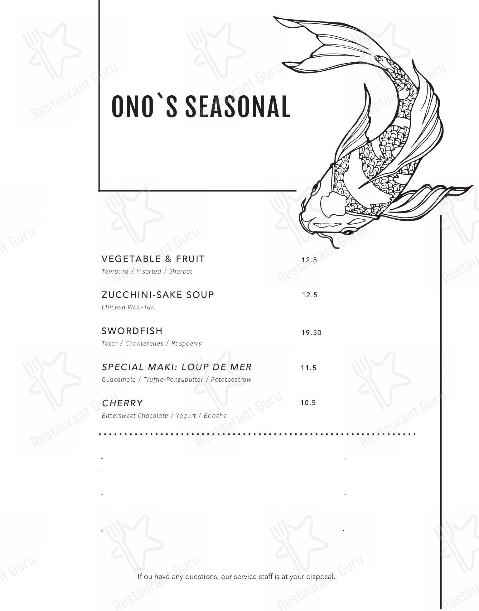 Speisekarte von ono by Steffen Henssler restaurant, Hamburg
