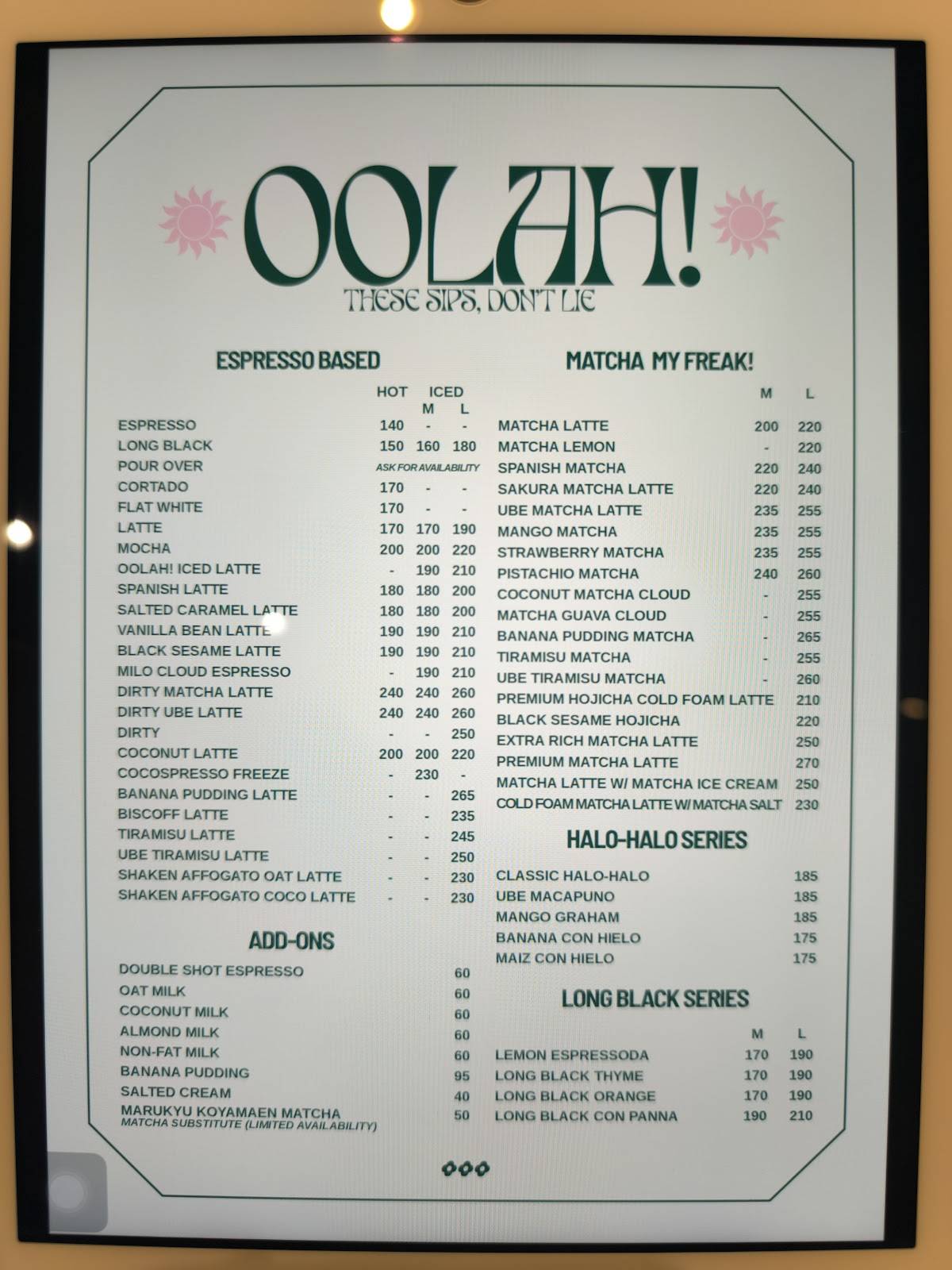 Menu at Oolah!, Makati