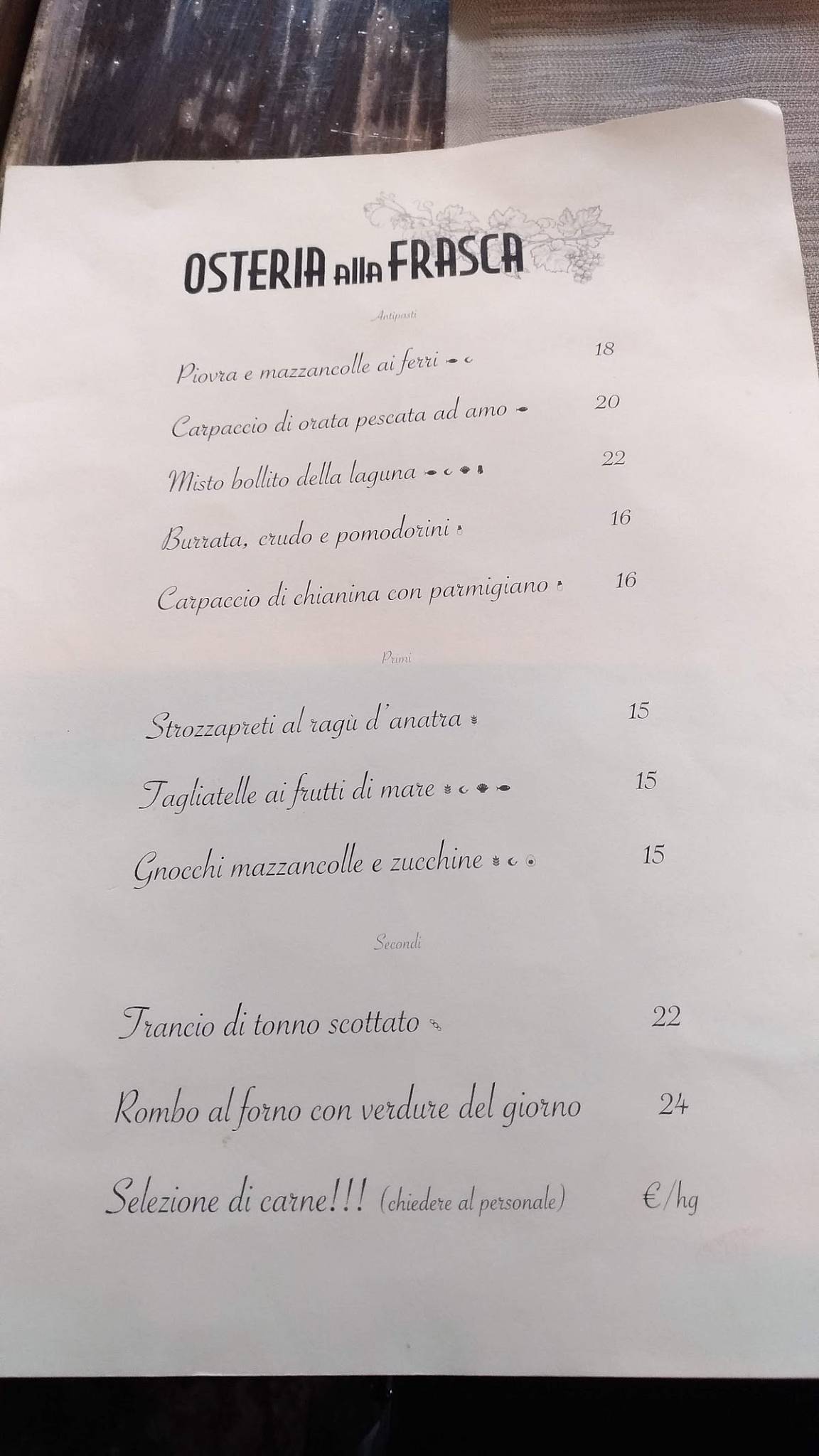 Menu at Osteria Alla Frasca restaurant, Venice, Corte de la Carità