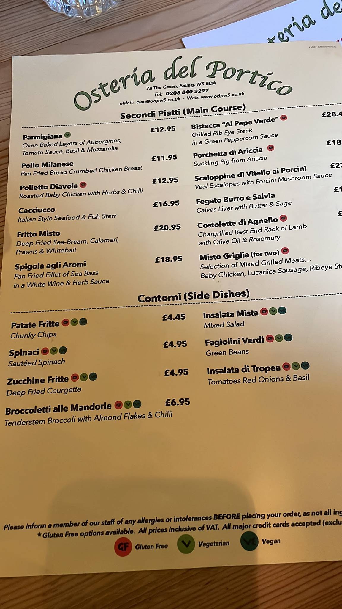 Menu at Osteria del Portico restaurant, London, 7a The Grn