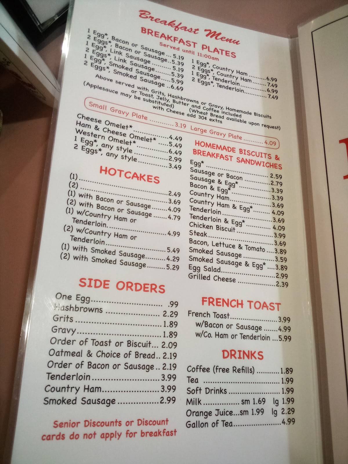 Menu at P & J's Diner restaurant, Asheboro