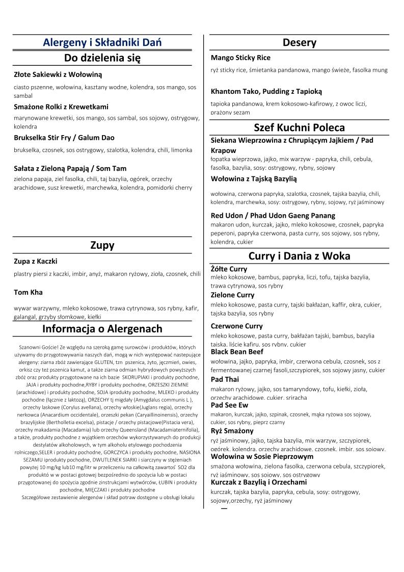 Menu at PUMPUI restaurant, Warsaw