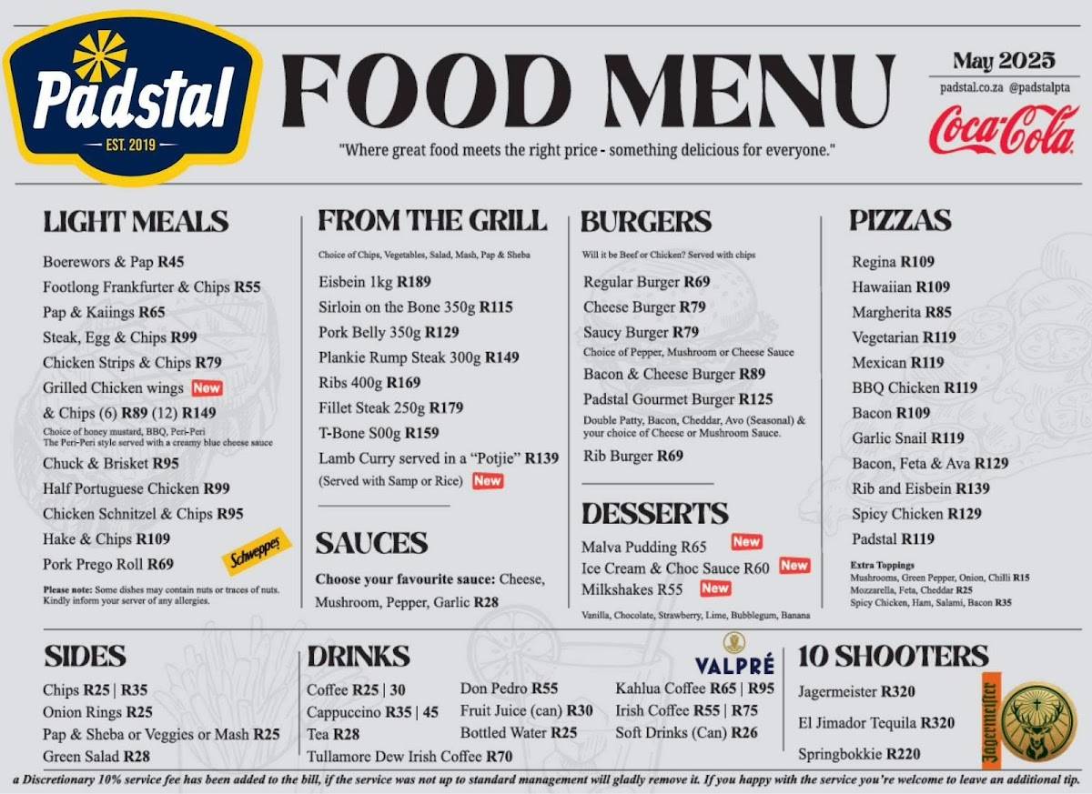Menu at Padstal Centurion restaurant, Pretoria