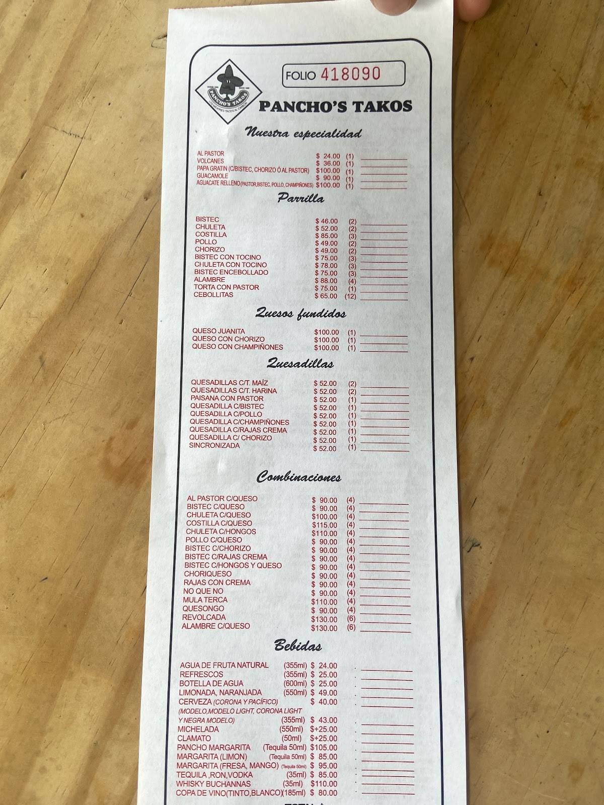 Menu at Pancho's Takos restaurant, Puerto Vallarta, Basilio Badillo 162
