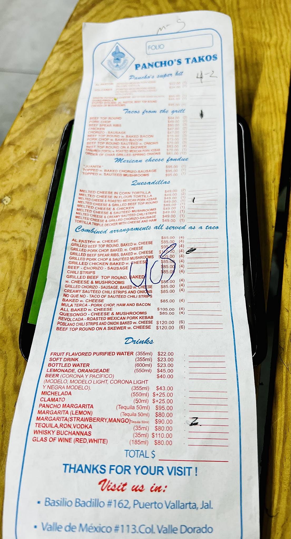 Menu at Pancho's Takos restaurant, Puerto Vallarta, Basilio Badillo 162