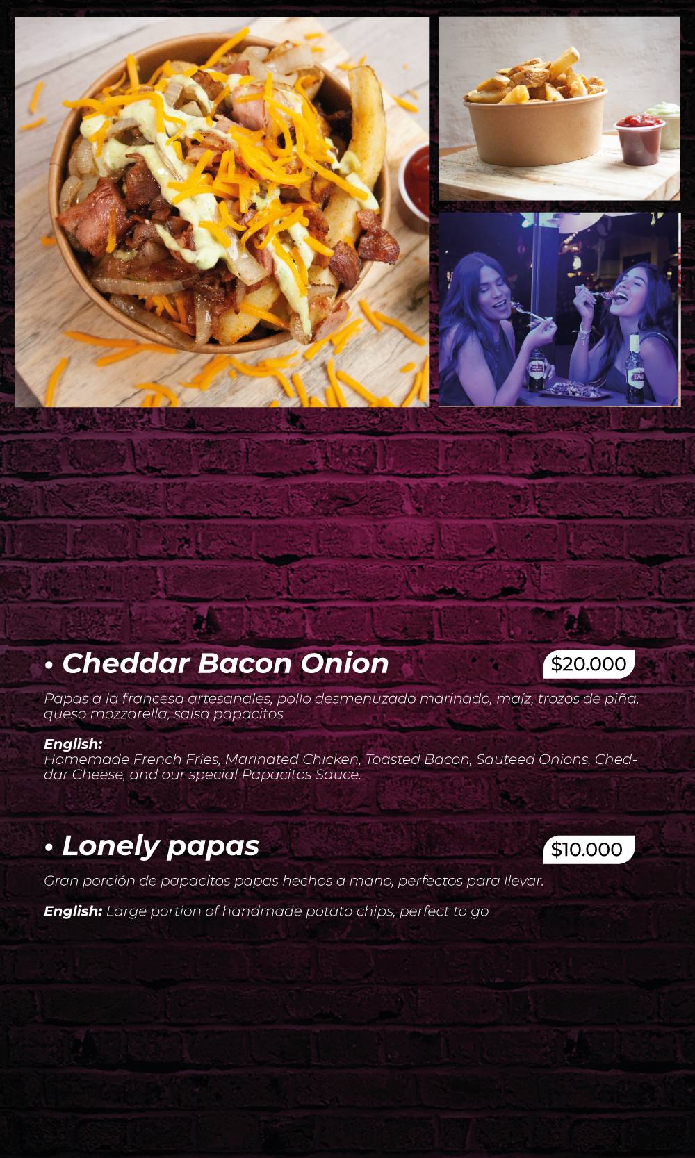 Carta de Papacitos Fast food Medellín, Colombia