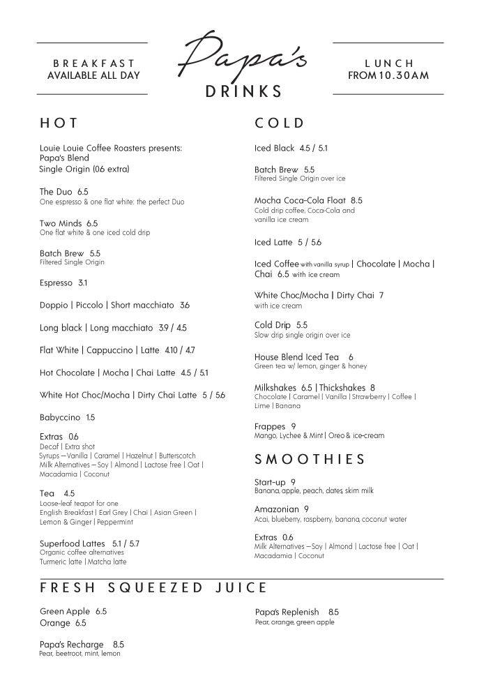 Menu at Papa’s Corner Cafe, Stafford