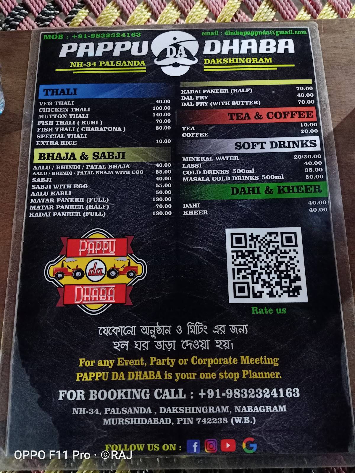Menu at Pappu Da Dhaba, India, Dakshingram Palsanda
